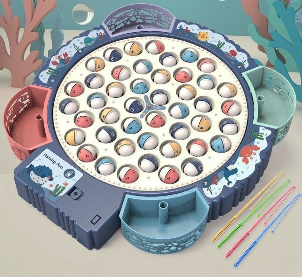 Игра детская развивающая - магнитная рыбалка музыкальная, вращающаяся, 45 рыбок, 4 удочки