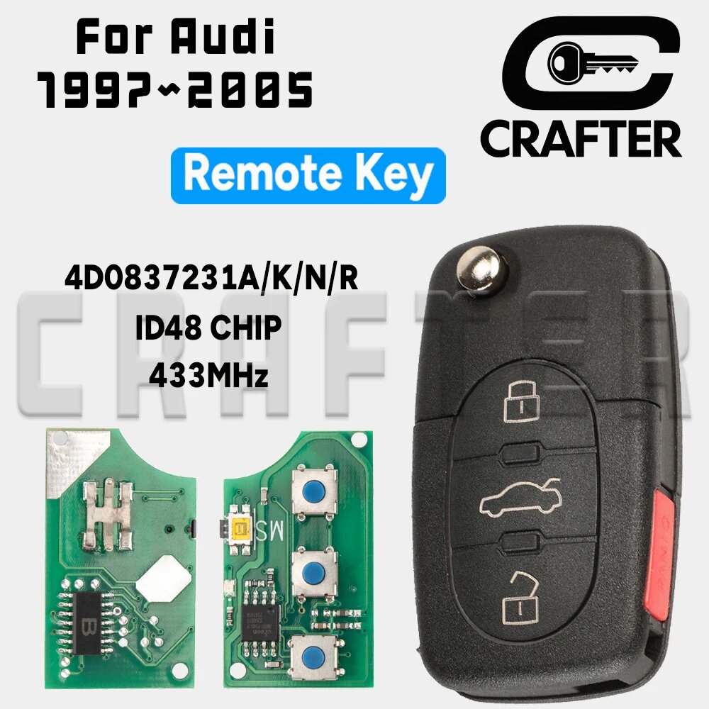 Ключ Crafters Автомобильный дистанционный ключ 4D0837231A ID48 ЧИП 433 МГц для Audi A4 S4 A6 A8 TT 1997~2005 4D0837231K 4D0837231N 4D0837231R 4D0837231A, 4 Buttons 433 MHz