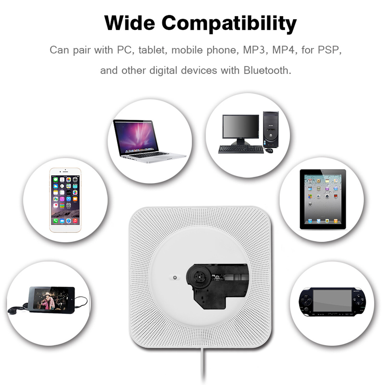 Портативный настенный пульт дистанционного управления Bluetooth CD MP3-плеер FM-радио с (белым)