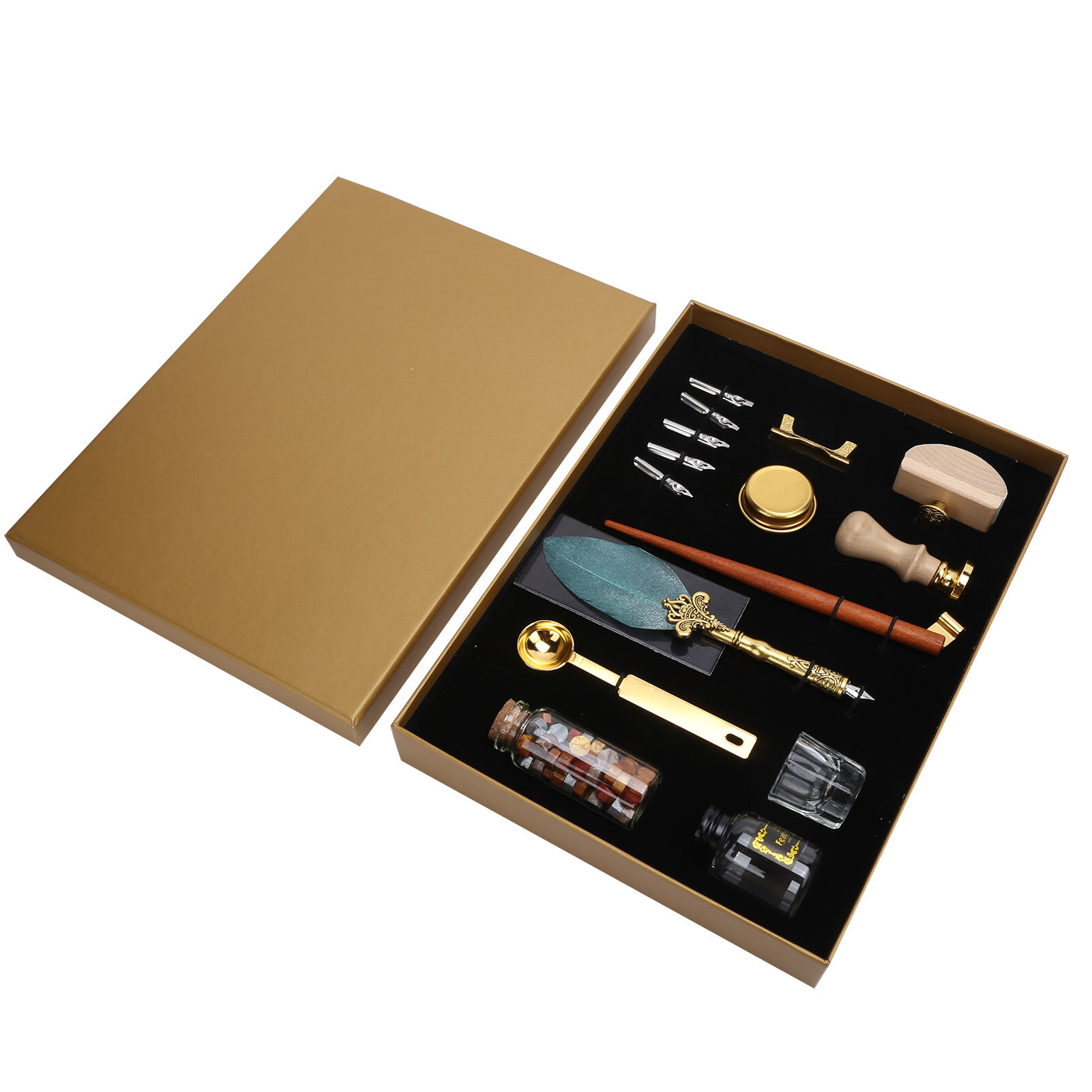 Набор перьевых ручек с восковыми ручками, винтажными чернилами для письма и штампами. Подарочная коробка с перьевыми и черными канцелярскими принадлежностями для студентов.