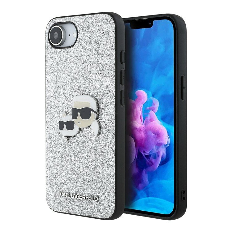 Karl Lagerfeld чехол с блестками для iPhone 17e/16e, Fixed glitters NFT Karl & Choupette metal Heads, серебристый