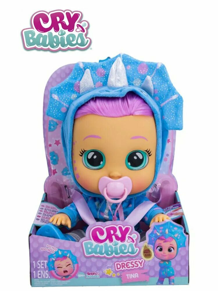 Край Бебис IMC Toys Cry Babies Dressy Tina / Детские интерактивная игрушка в костюмах синих динозавров издают плачущий звук, который подойдет в качестве подарок для девочки