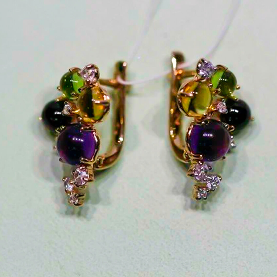 Серьги красное золото, 585 проба, фианит, цитрин, гранат, хризолит, аметист