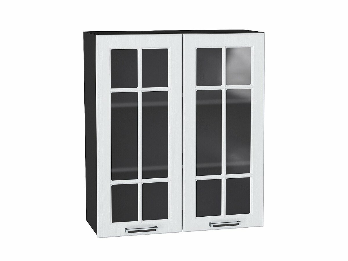 Шкаф верхний с 2-мя остекленными дверцами Прага, цвет фасада Белое дерево, цвет каркаса Graphite, стекло Сатинато белое, 920*800*318 мм