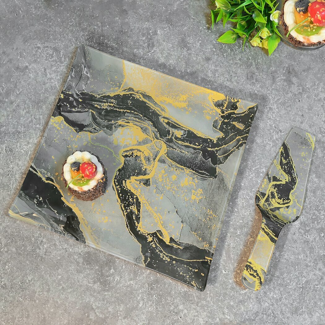 Блюдо для торта 30х30см с лопаткой, стекло, черное с золотом