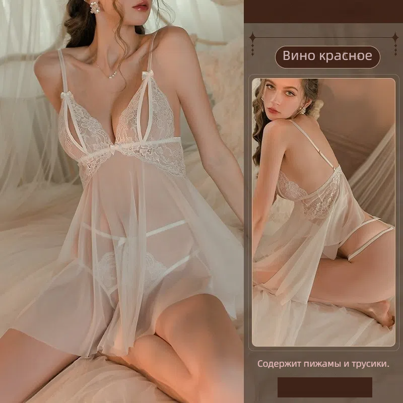 Любовное нижнее белье, кружевные ремни, трехточечный бюстгальтер, прозрачные трусики, без пижамы. Белый
