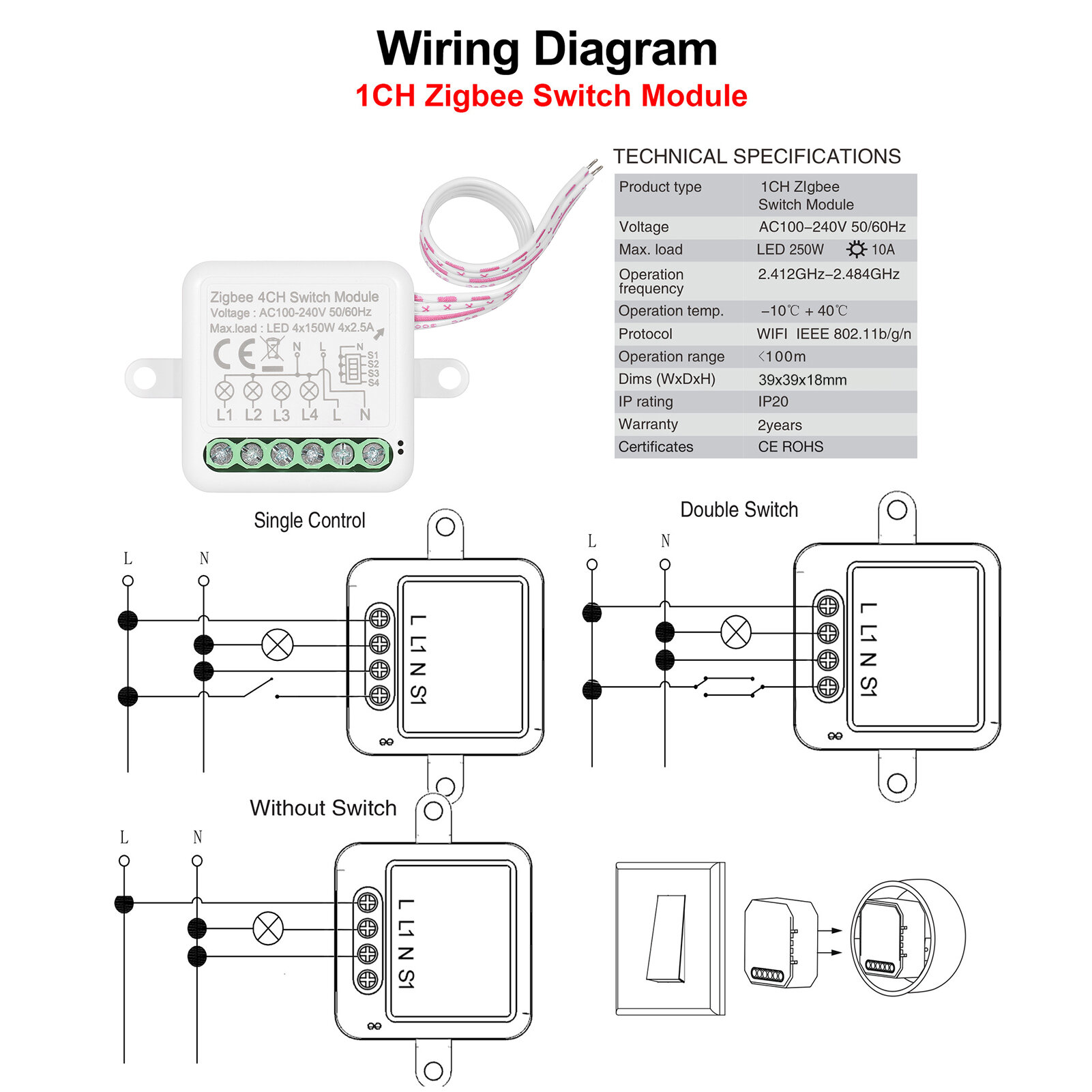 Модуль реле 1CH ZigBee Mini Smart Switch с поддержкой 2-позиционного управления для автоматизации умного дома, работает с Alexa Home
