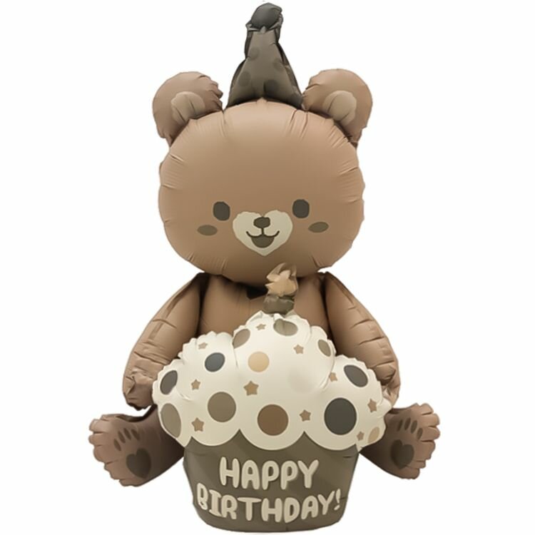 Шар фольгированный Falali 3D 23', 58 см Фигура, Мишка с капкейком, Бежевый, Сатин
