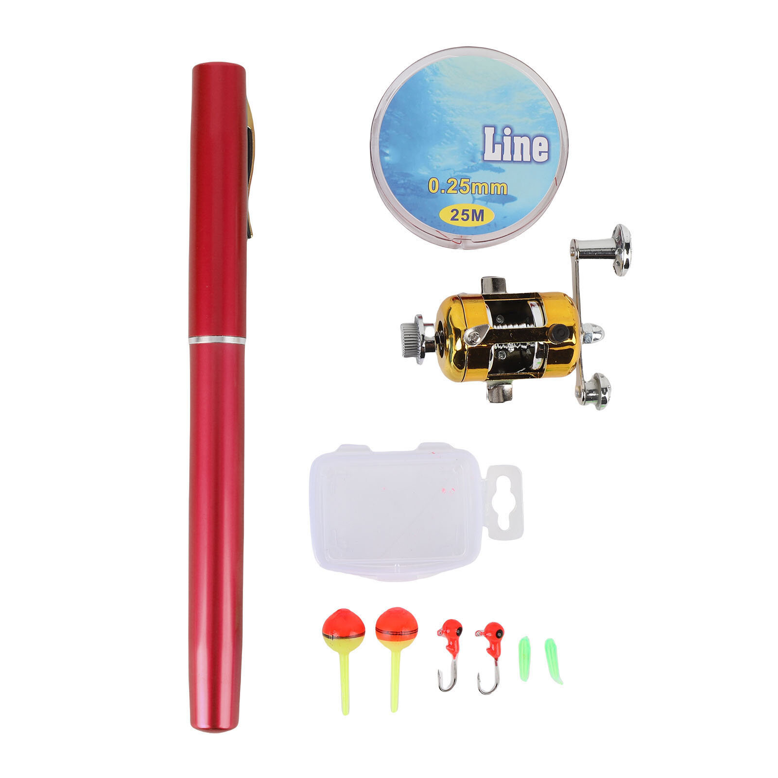 Миниатюрная удочка в форме ручки, портативная карманная удочка с катушкой для рыбалки на открытом воздухе, красная.