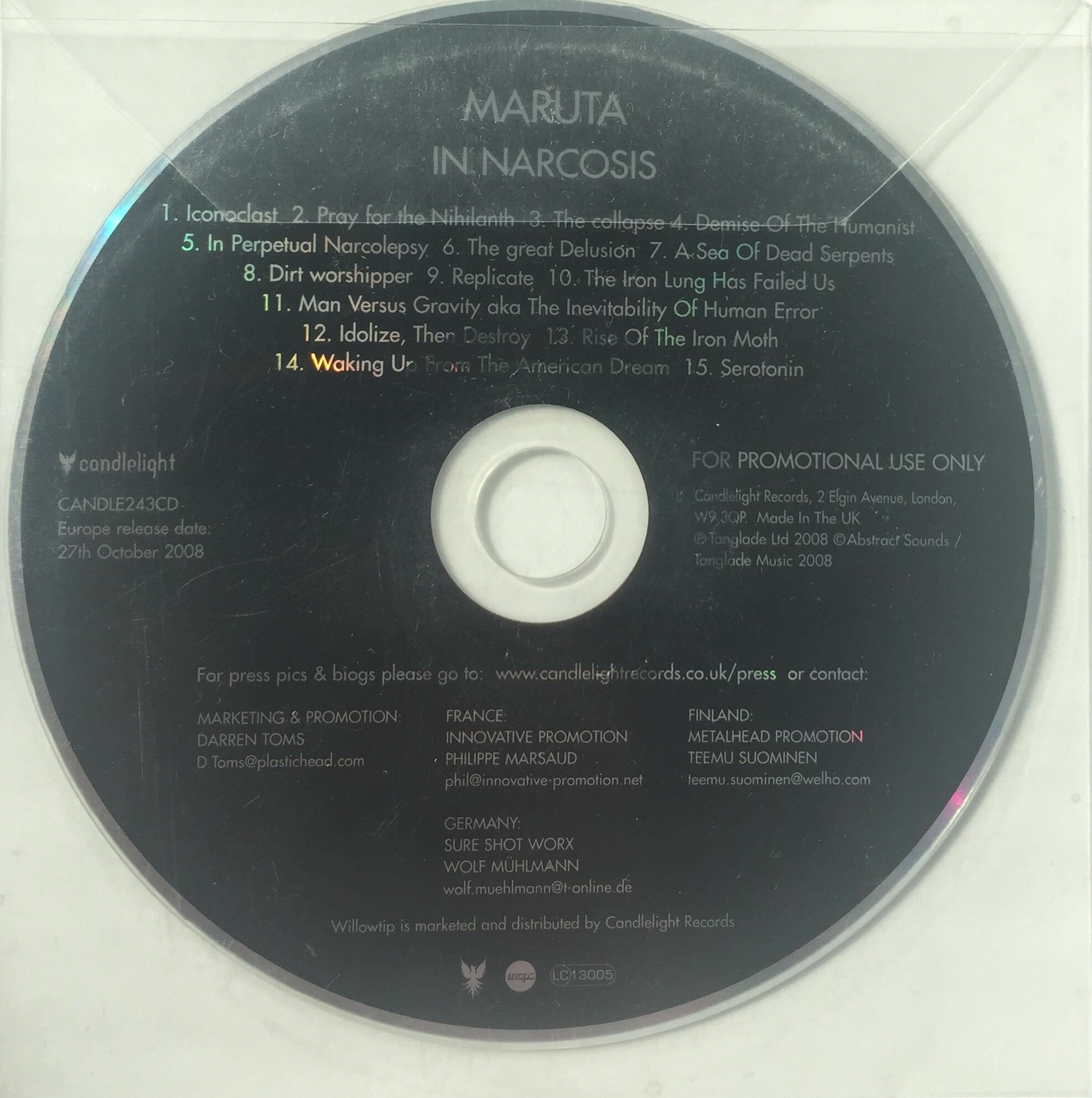 Maruta. In Narcosis (Promo, UK, Candlelight Records, CANDLE243CD, 2008, Plastic sleeve) CD