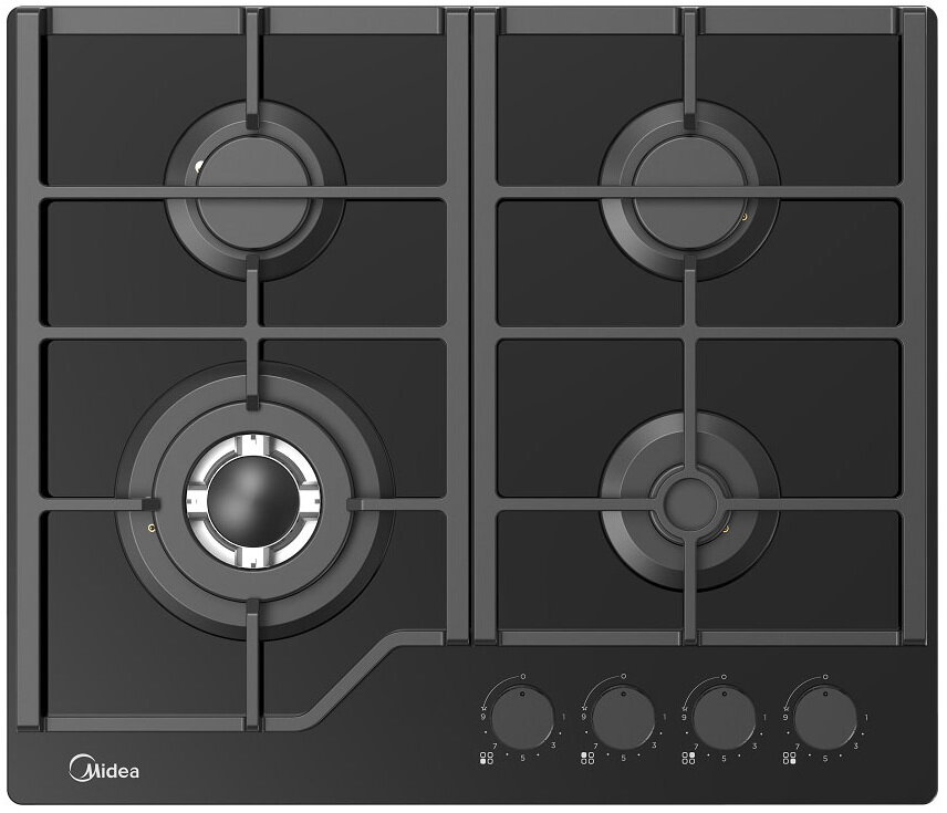 Газовая варочная панель Midea MG693TGB 60 см, 4 конфорки электроподжиг газконтроль, черный