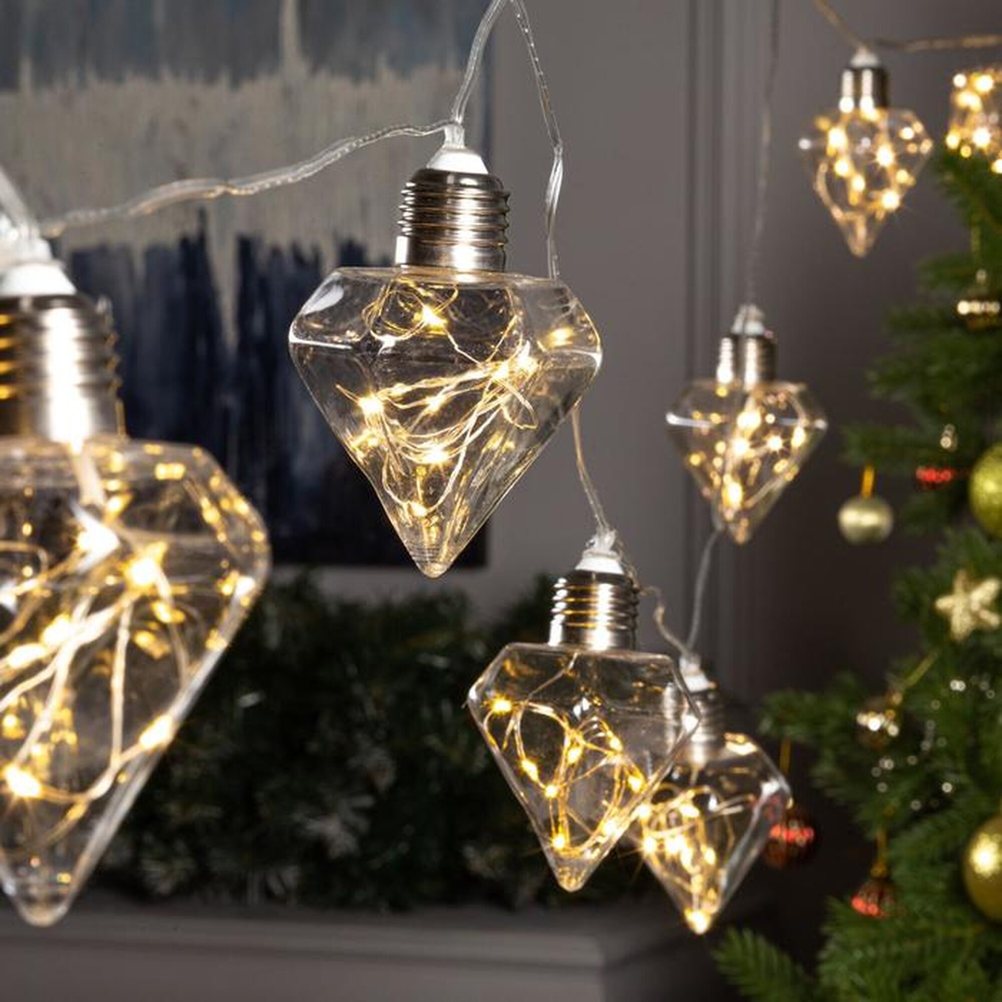 Гирлянда «Нить» 3 м с насадками «Лампочки кристалл», IP20, прозрачная нить, 80 LED, свечение тёплое белое, 8 режимов