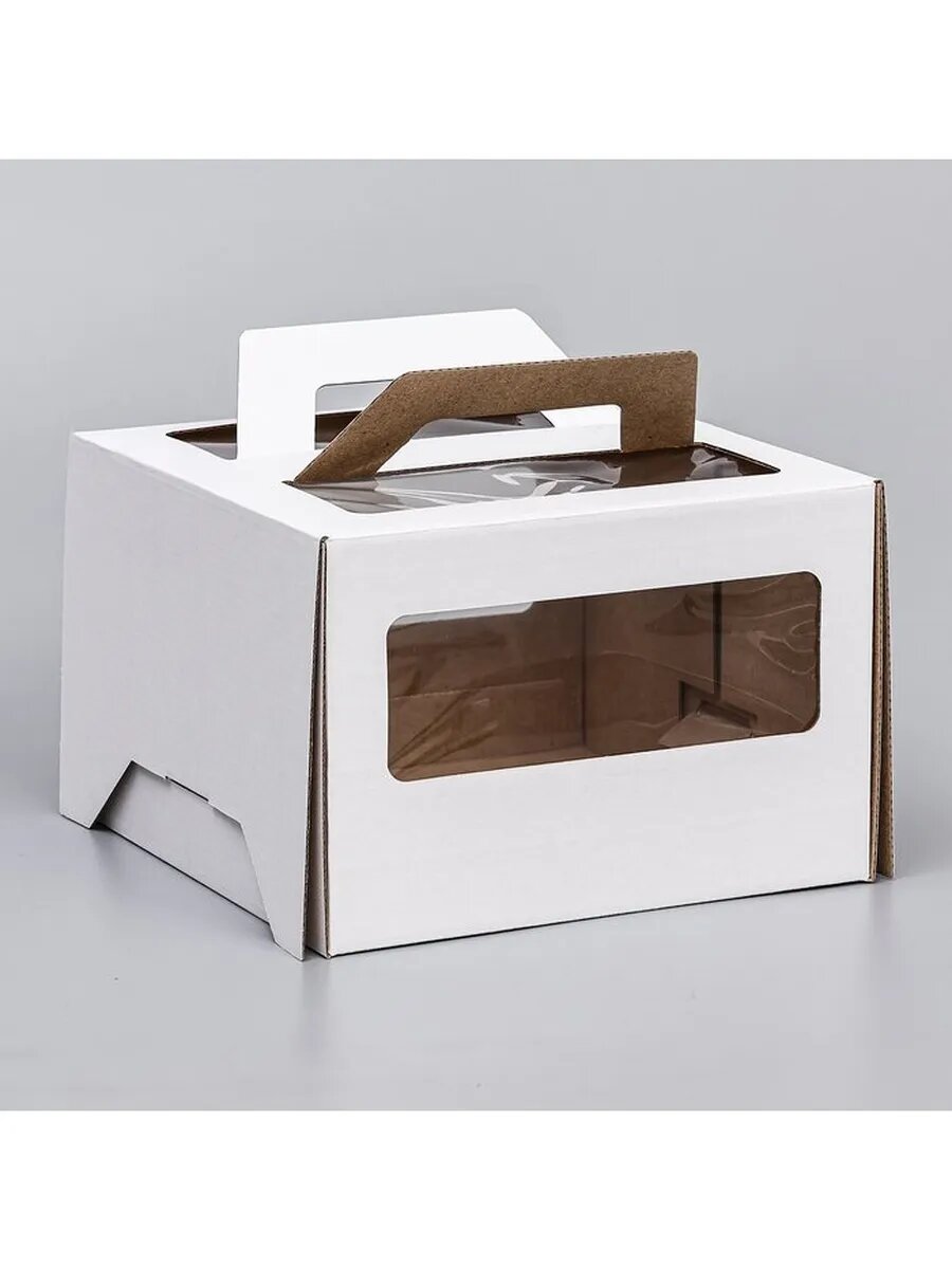Коробка под торт 2 окна, с ручками, белая, 22 х 22 х 15 см