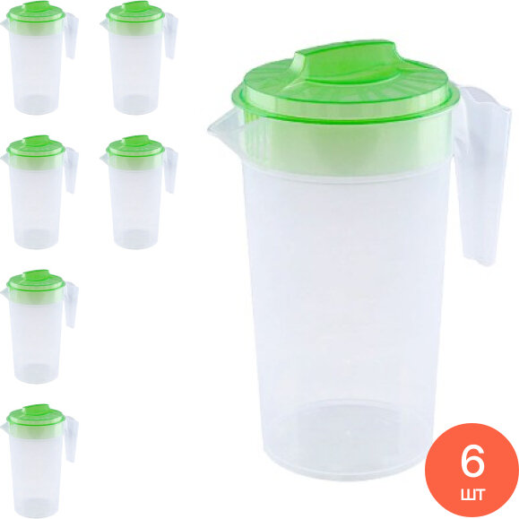 Кувшин для воды Полимербыт с крышкой, пищевой пластик зеленый 1.2л / графин для напитков / посуда для кухни (комплект из 6 шт)