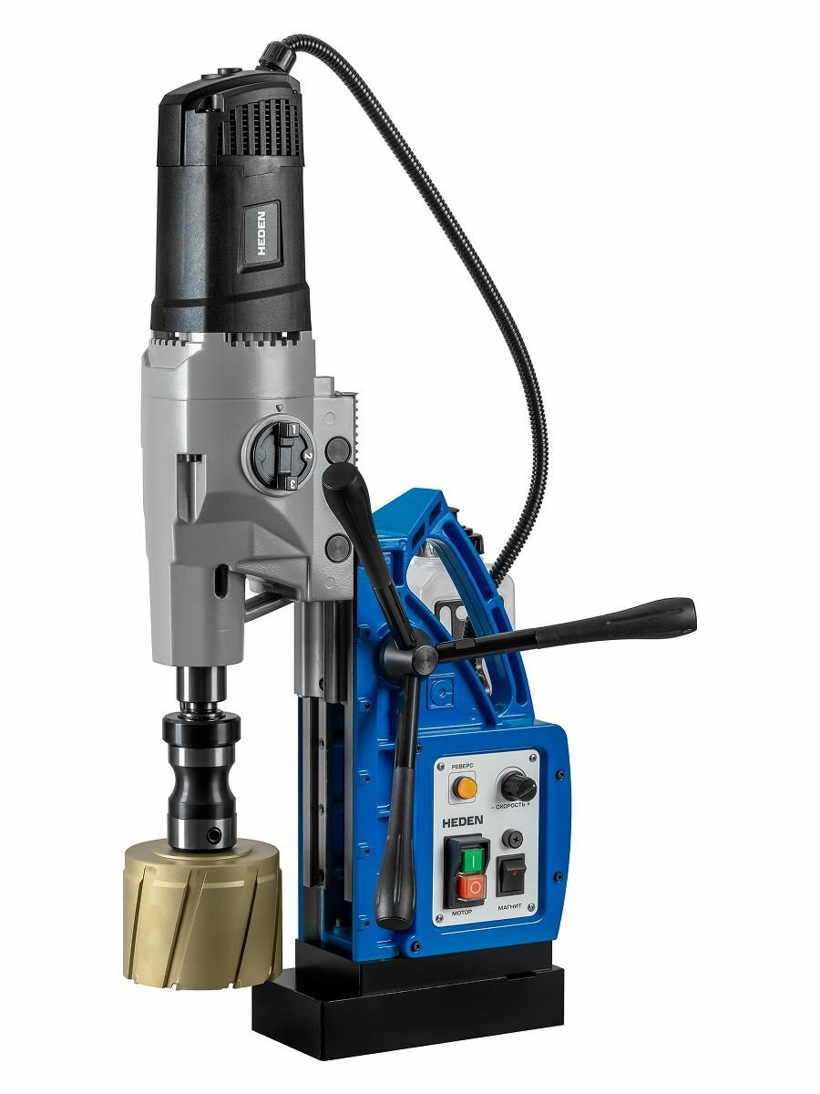 Магнитный сверлильный станок Heden DM-130V3. 2880 Вт, с 3 скоростями до 640 об/мин, диаметр корончатых сверл до 130 мм, спиральных до 32 мм, нарезание резьбы до М28