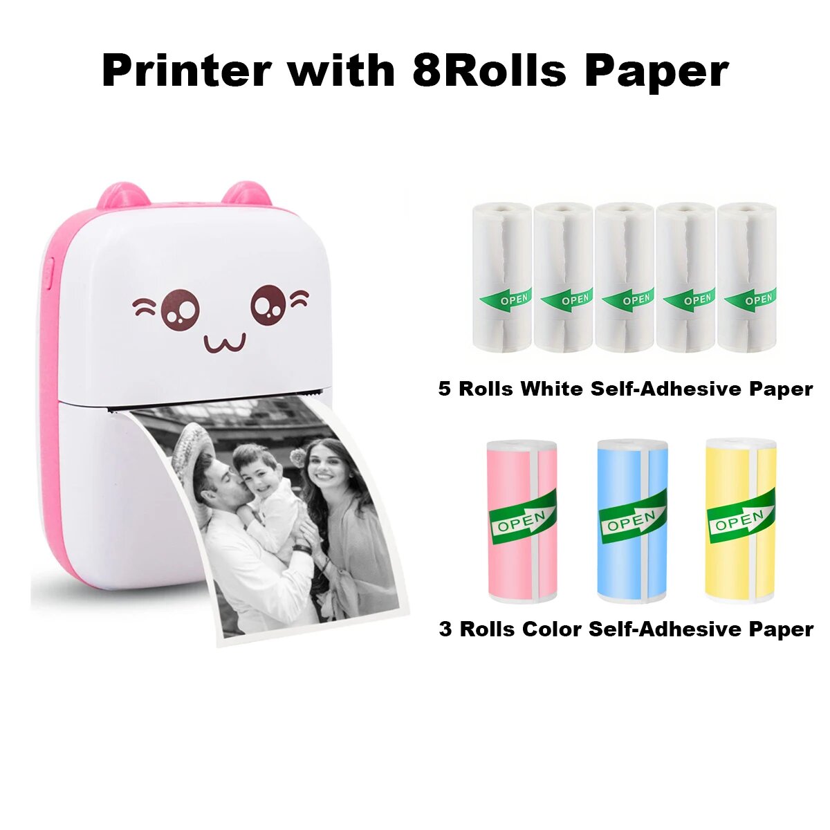 QKX Мини-принтер для iPhone и Android Pink printer-8 Rolls