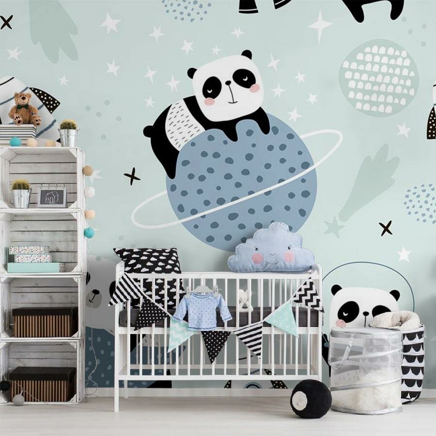 Фотообои Панды в космосе 12-756-S-Флок 270 x 200 см (ВхШ) Бесшовные, флизелиновые, влагостойкие обои MasterFresok