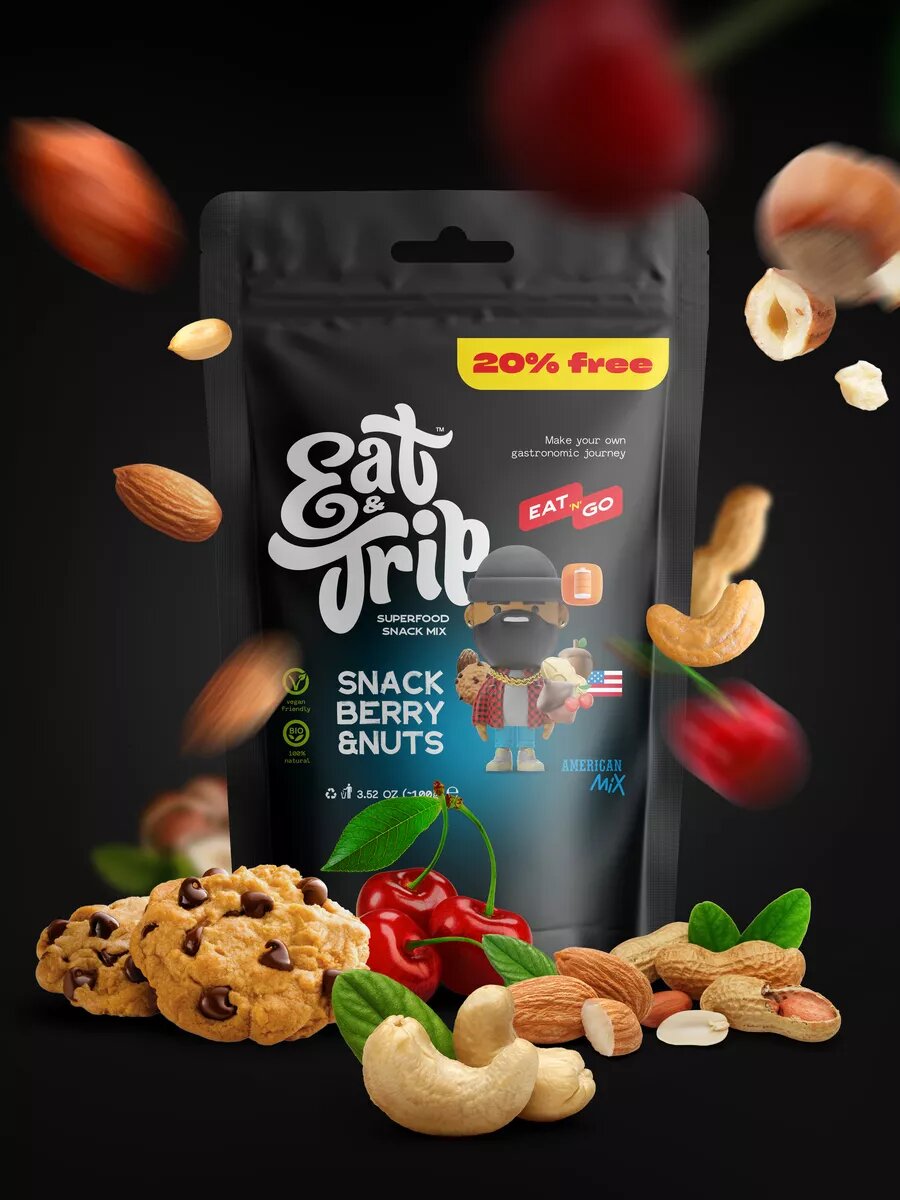 Микс из орехов, сушеных ягод и печенья-кукис Eat & Trip "Американский". Смесь. Снеки. Набор. Ассорти. Snack-mix nuts, dried fruits, cookies "American"