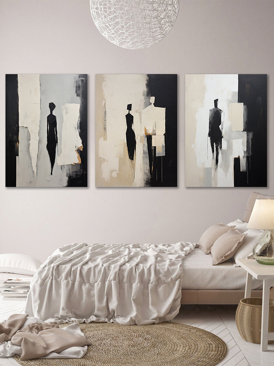 Модульные картины на стену / триптих - "Силуэты людей, абстракция, пара девушка и мужчина", картина 3 шт, модуль 40х90 см