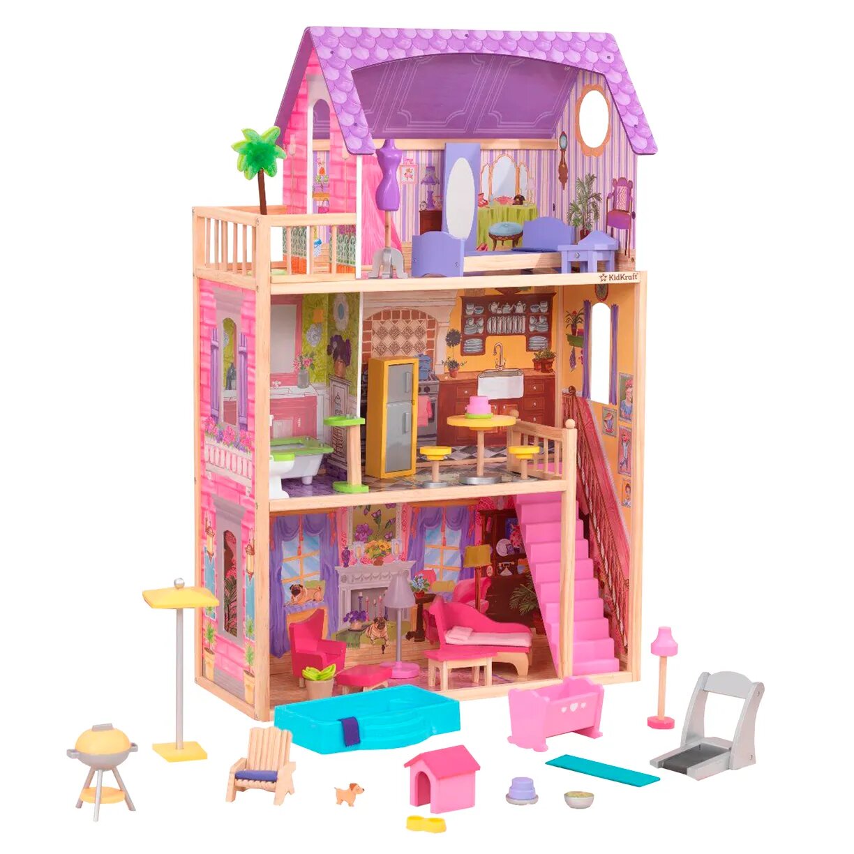 Кукольный домик KidKraft "Патио и бассейн", трехэтажный, для кукол до 30 см, розовый