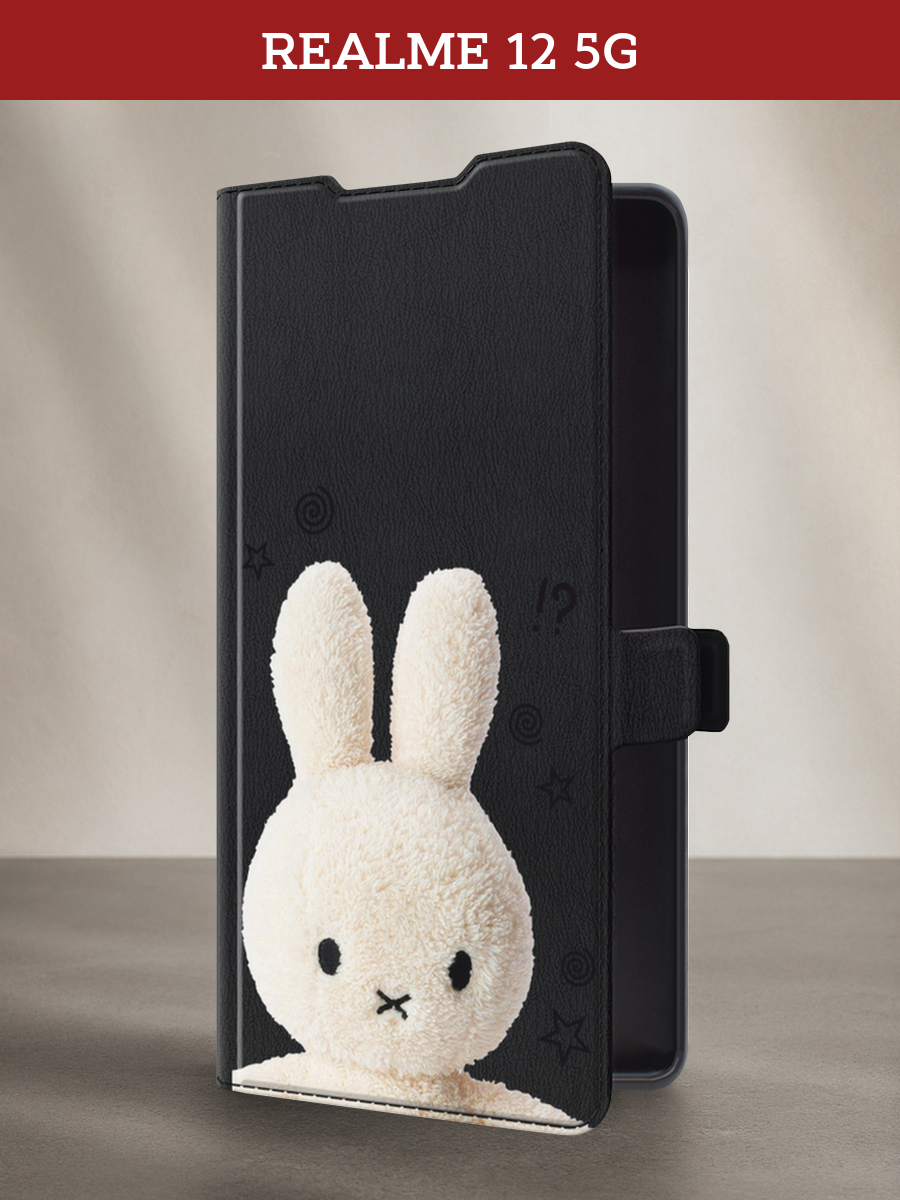 Чехол-книжка на Realme 12 5G/Realme 13 5G / Реалми 12 5G/Реалми 13 5G с принтом Плюшевый зайка, черный