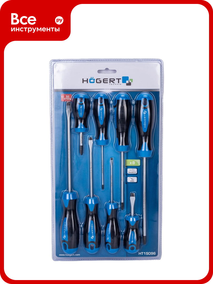 Набор отверток HOEGERT TECHNIK 8 шт, сталь S2 HT1S096, для труднодоступных мест