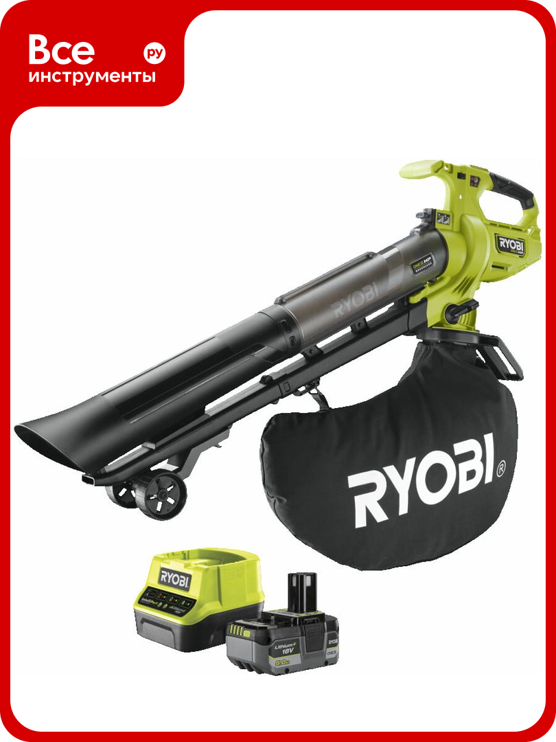 Бесщеточный садовый пылесос-воздуходувка Ryobi ONE+ 18В RY18BVXA-150, для сдувания и всасывания мелкого мусора