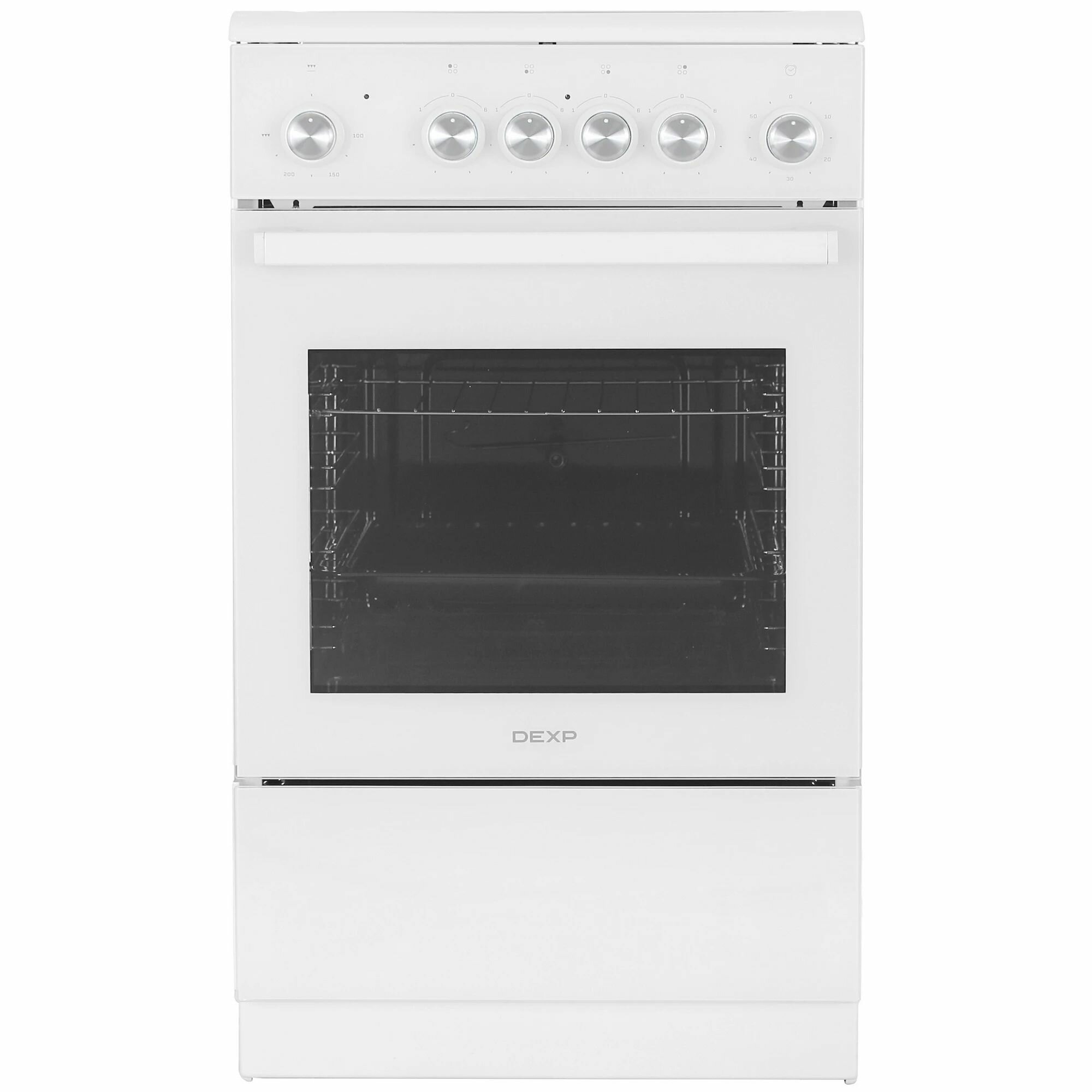 Электрическая плита DEXP E25-1W, стеклокерамическая, 4 конфорки, с вертелом, белая