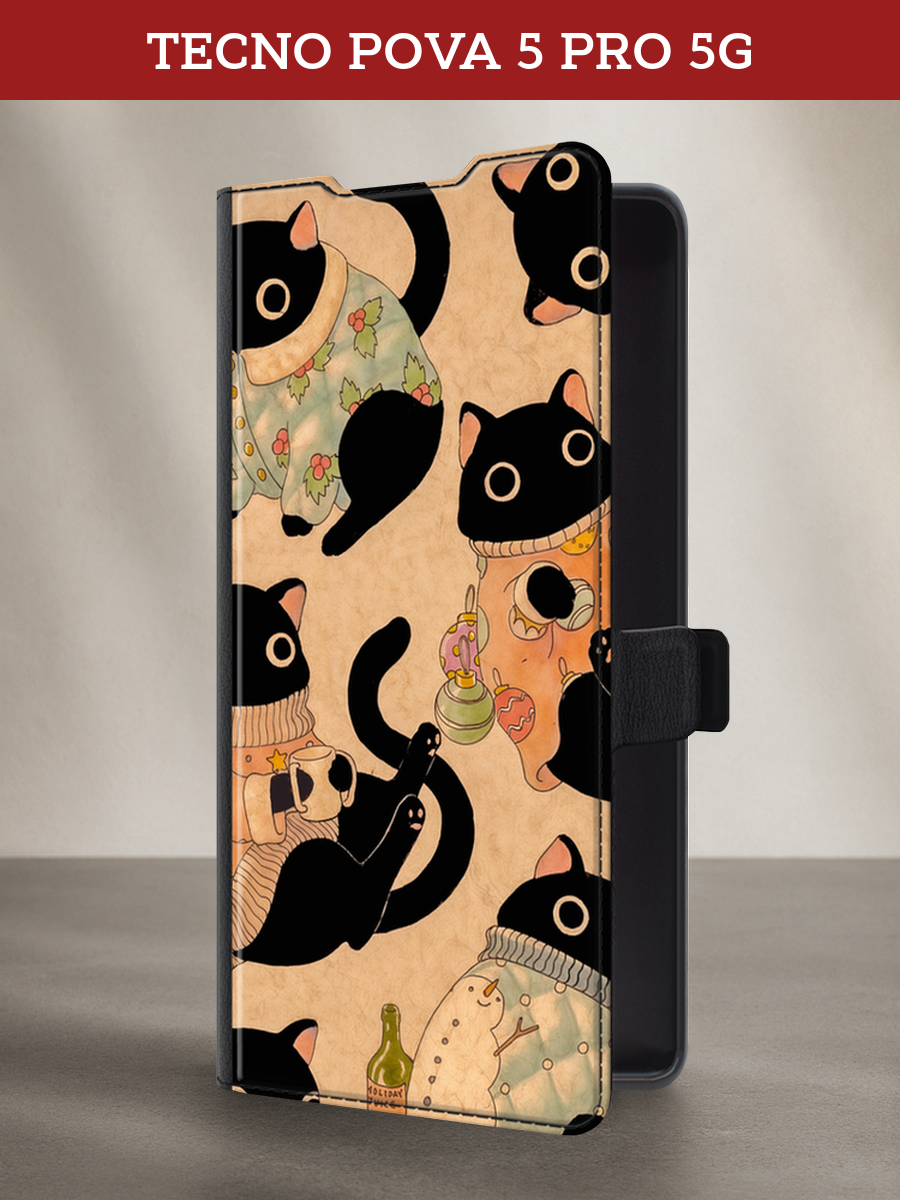 Чехол-книжка на Tecno Pova 5 Pro 5G / Текно Пова 5 Про 5G с принтом Уютные котики, черный