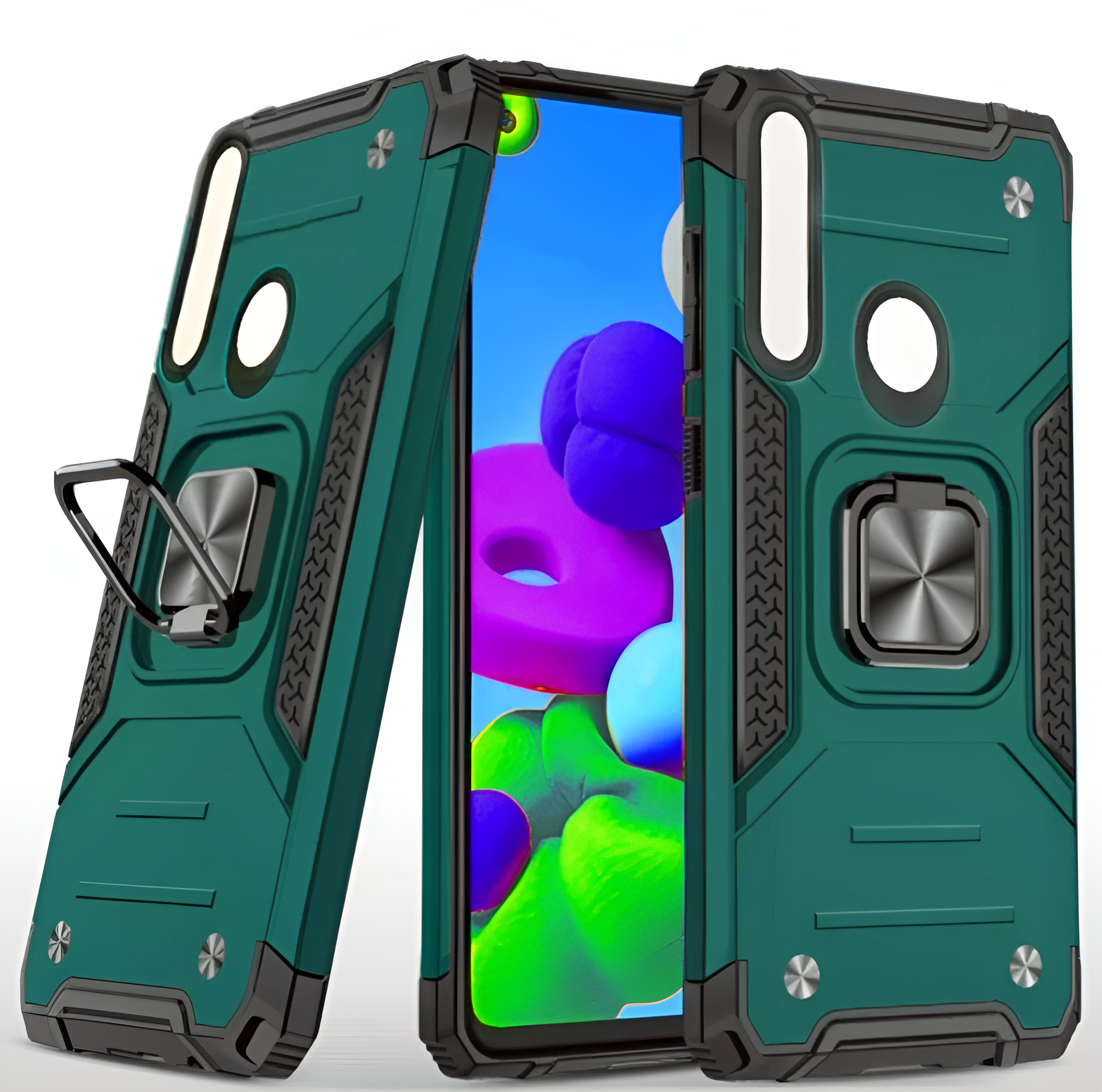Противоударный чехол для Samsung Galaxy А30, A20, M10s зеленый с пластиной и кольцом подставкой