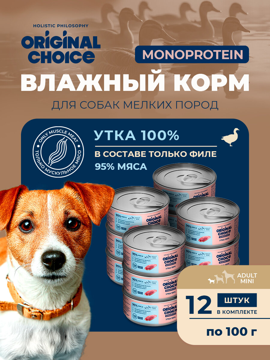 Влажный корм для собак мелких пород Холистик ORIGINAL CHOICE MONOPROTEIN ADULT MINI утка 100 г х 12 шт в упаковке