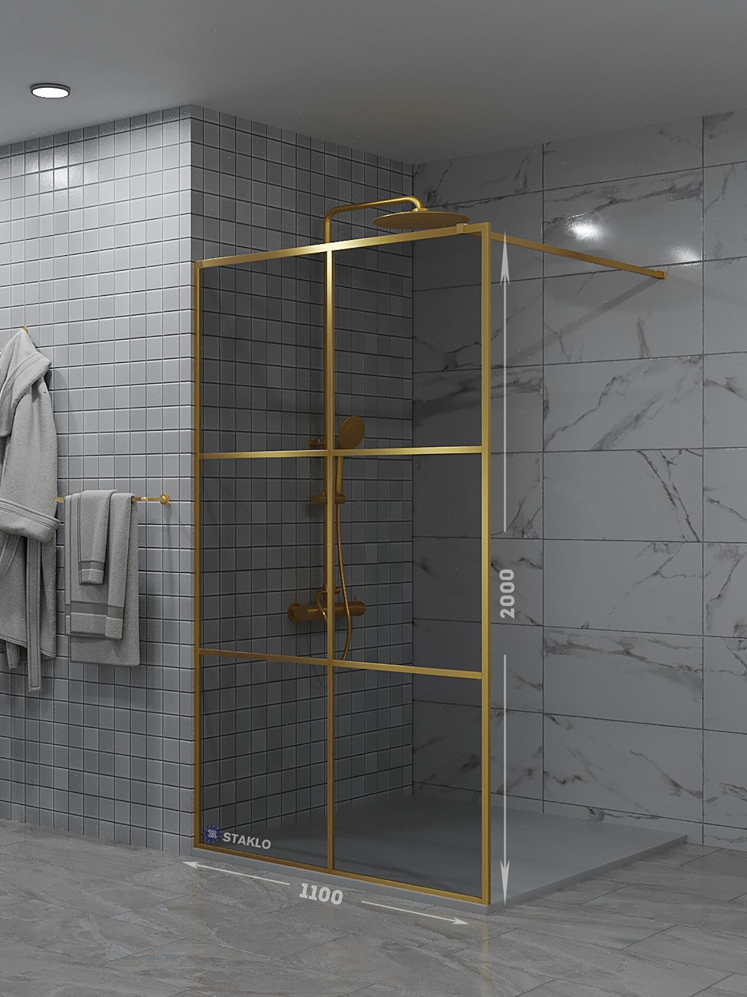 Loft душевая одиночная перегородка staklo 110x200 из серого графит стекла золото фурнитура