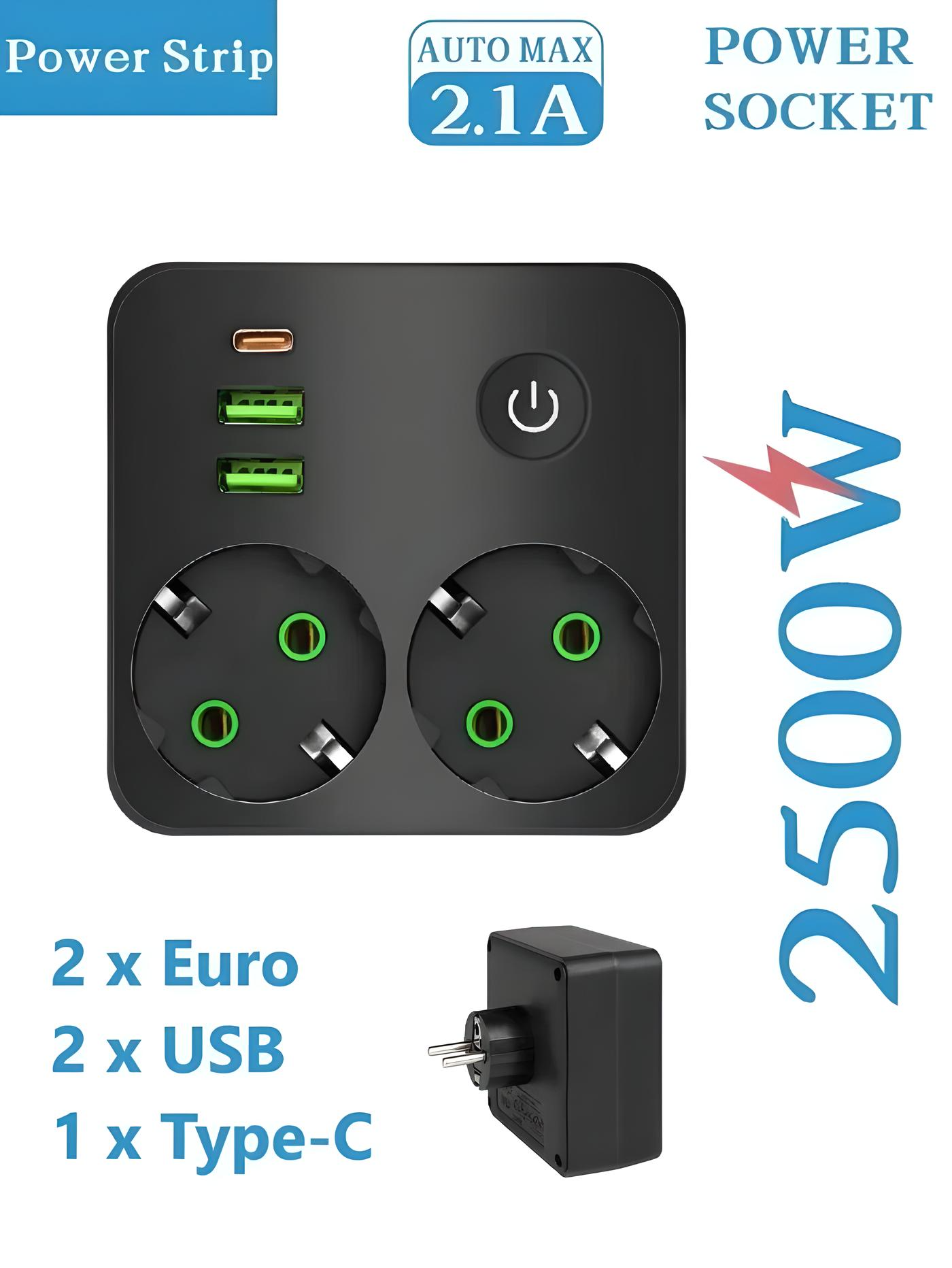 Тройник разветвитель электрический евро 2 розетки и 3 USB порта чёрный