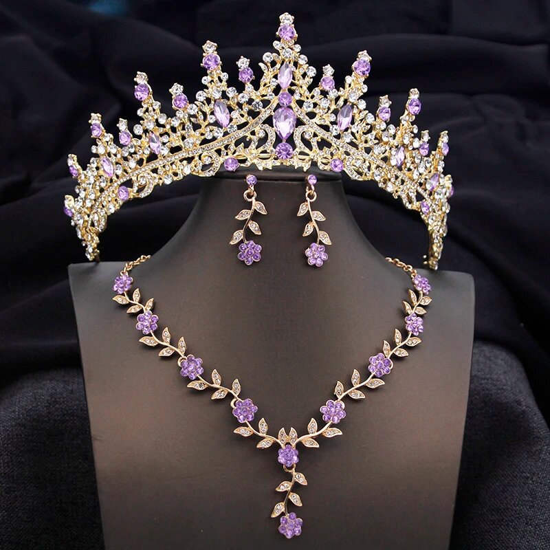Cenmon короны и ожерелье из горного хрусталя Сиреневый, A Gold Purple Set