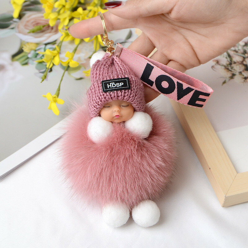 Premium quality fox fur pom pom charm with cute doll for eye-catching bag accessories