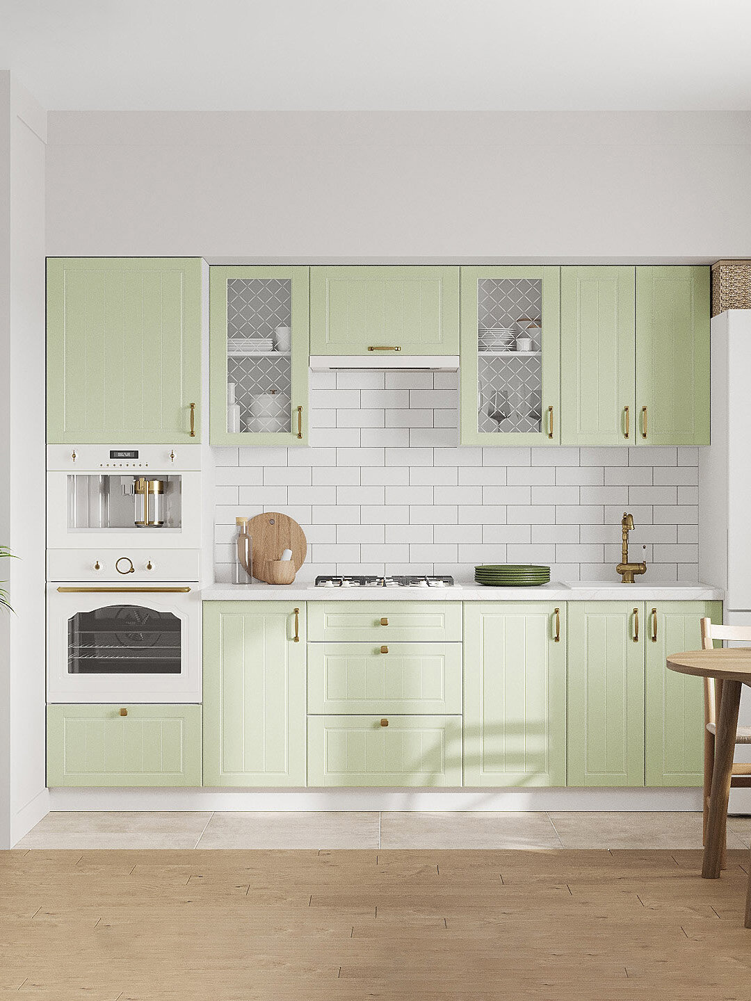 Кухонный гарнитур Флоренс 2.6 м, мебель для дома и кухни, Белый / Фисташковый структурный со стеклом