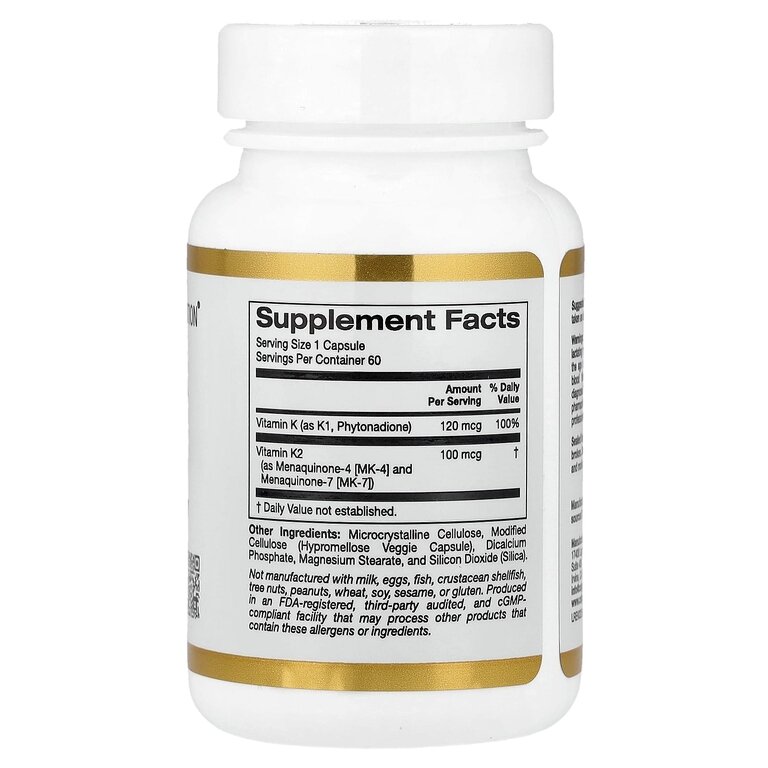 Комплекс витаминов California Gold Nutrition "Vitamin K", 60 капсул, для сердца и костей