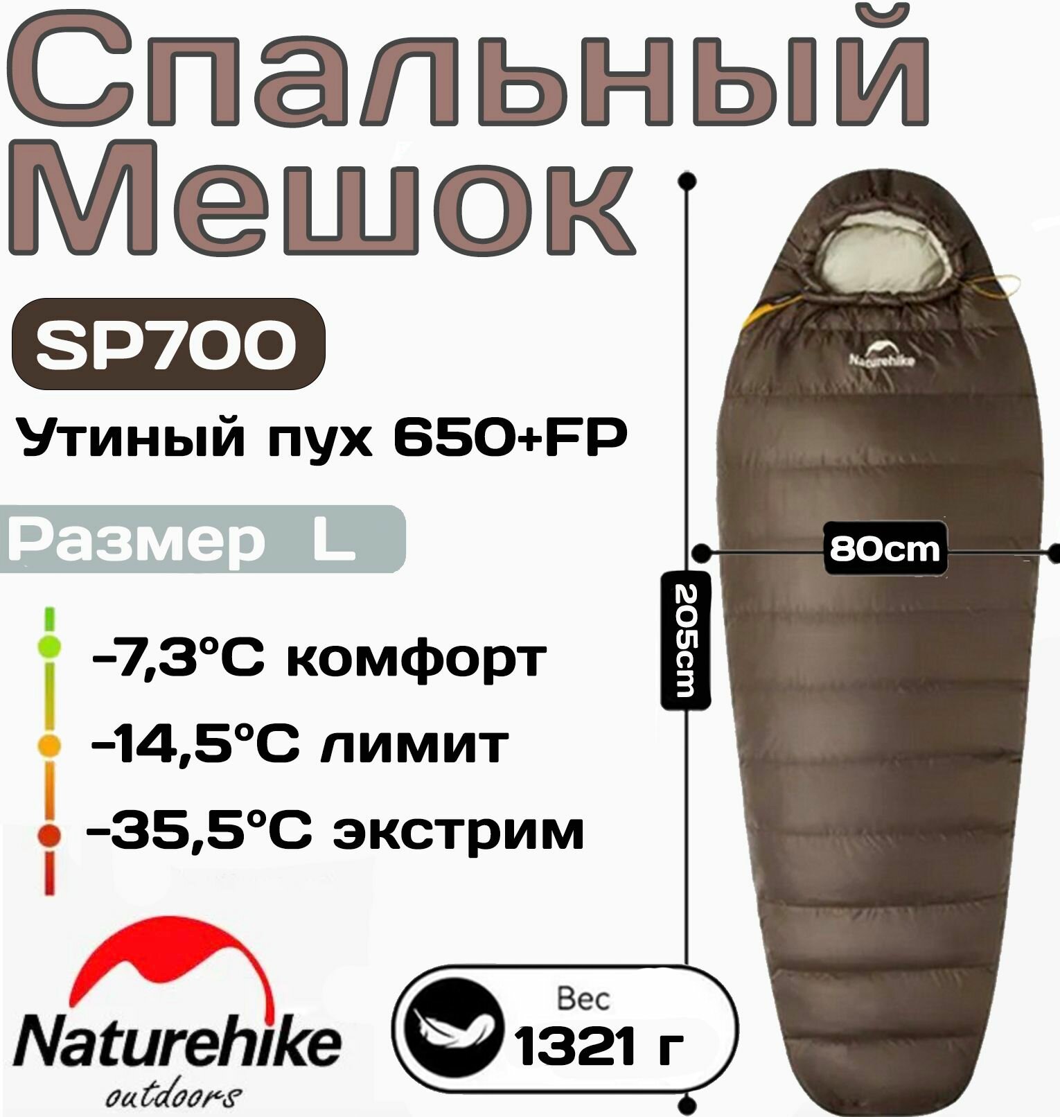 Спальный мешок Naturehike SP700 Snow Petrel Mummy темно-коричневый (размер L) CNK2550WS014