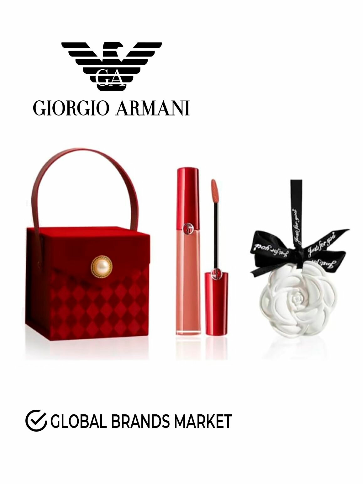 Подарочный набор: помада Armani Lip Maestro 214 Ambra, арома кулон "White Camellia", подарочная сумка-коробка