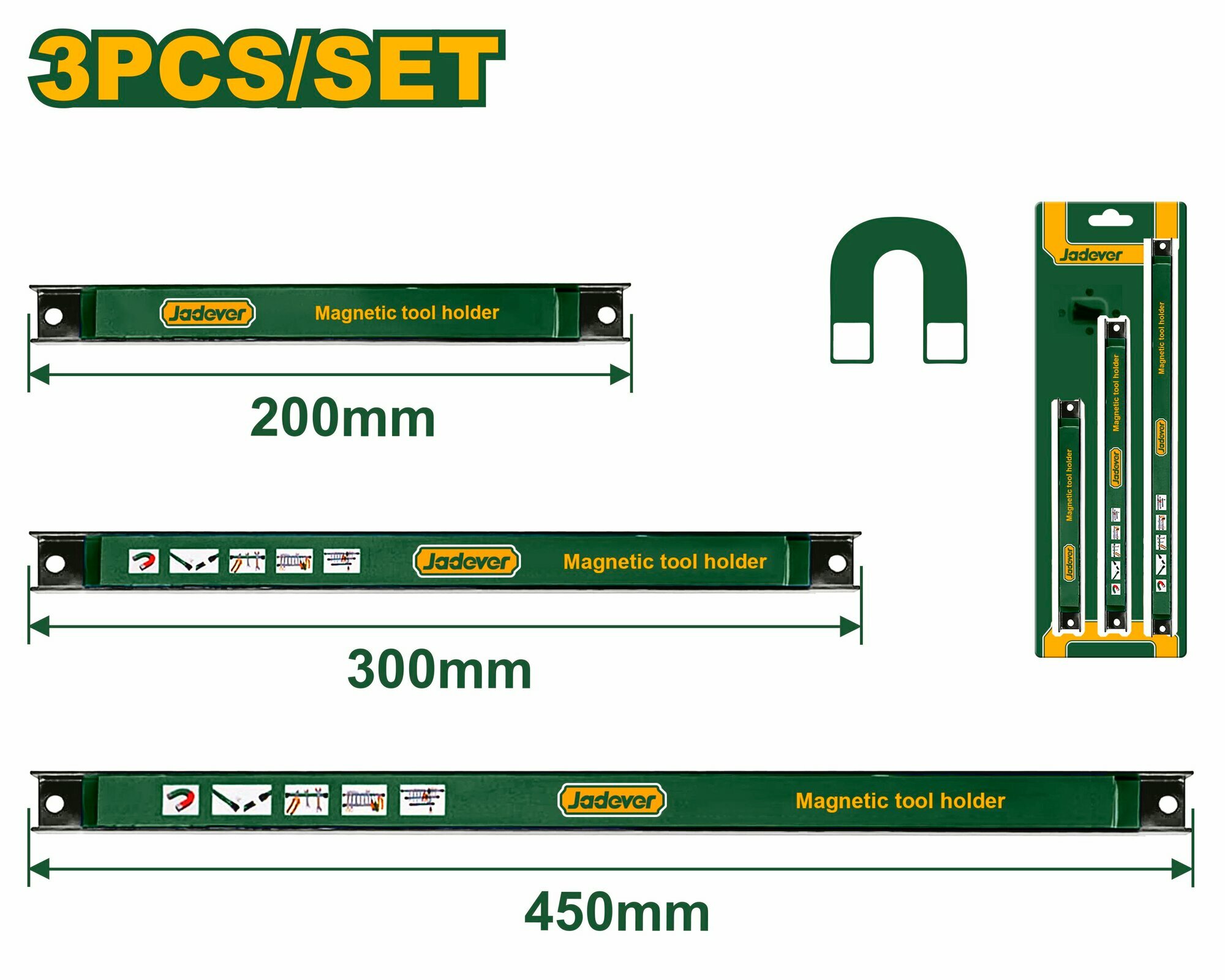 Набор держателей для инструментов, магнитный, планка 200,300,455мм JADEVER JDHH2603