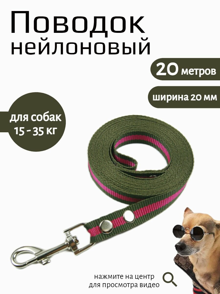 Поводок Хвостатыч для собак с карабином нейлон 20 м х 20 мм (зелено-красный)