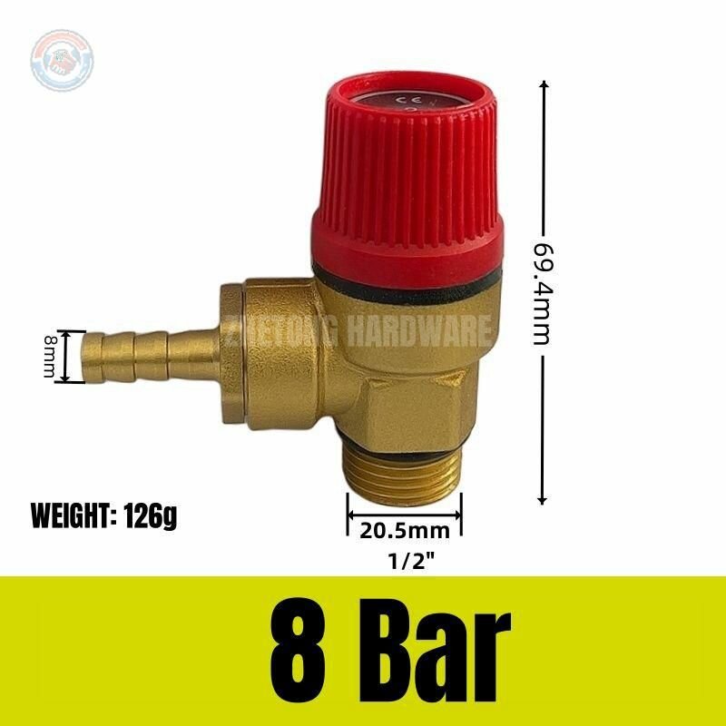 Предохранительный клапан с наружной резьбой 1/2 дюйма, рабочее давление 8 бар, защита систем отопления и водоснабжения, надёжная аварийная защита