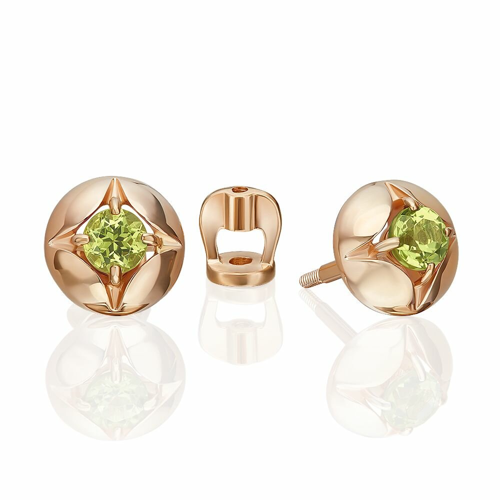 Серьги пусеты, красное золото, 585 проба, хризолит