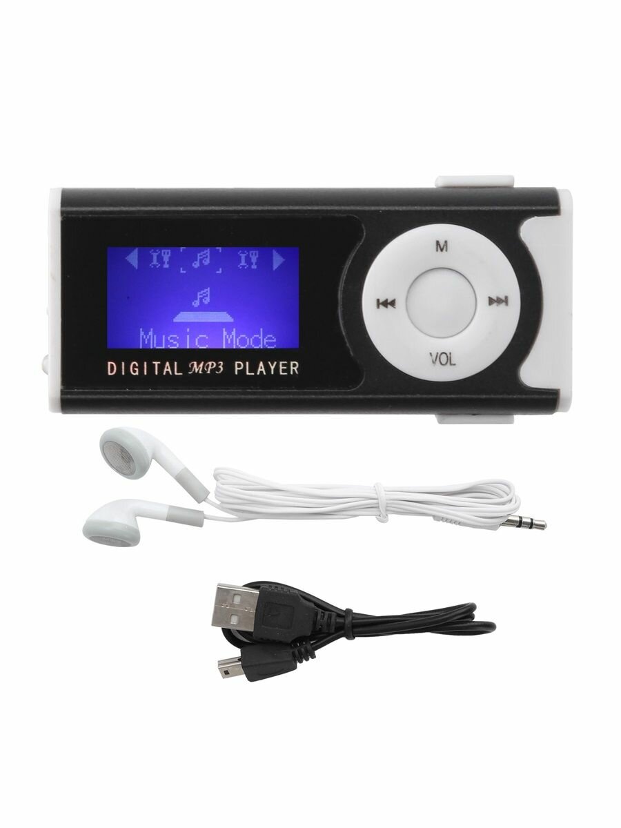 Мини-MP3-плеер с клипсой BackClip, ЖК-экраном, фонариком и FM-радио, идеально подходит для занятий спортом и активного отдыха, черный