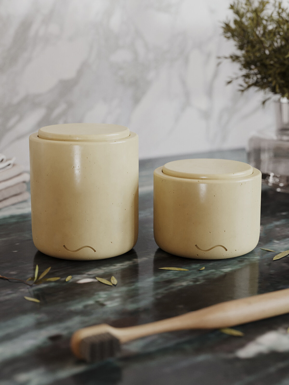 Набор для ванной Astrid №5 (две подставки для ватных палочек и дисков с крышками XS + S), бетон, кремовый глянцевый