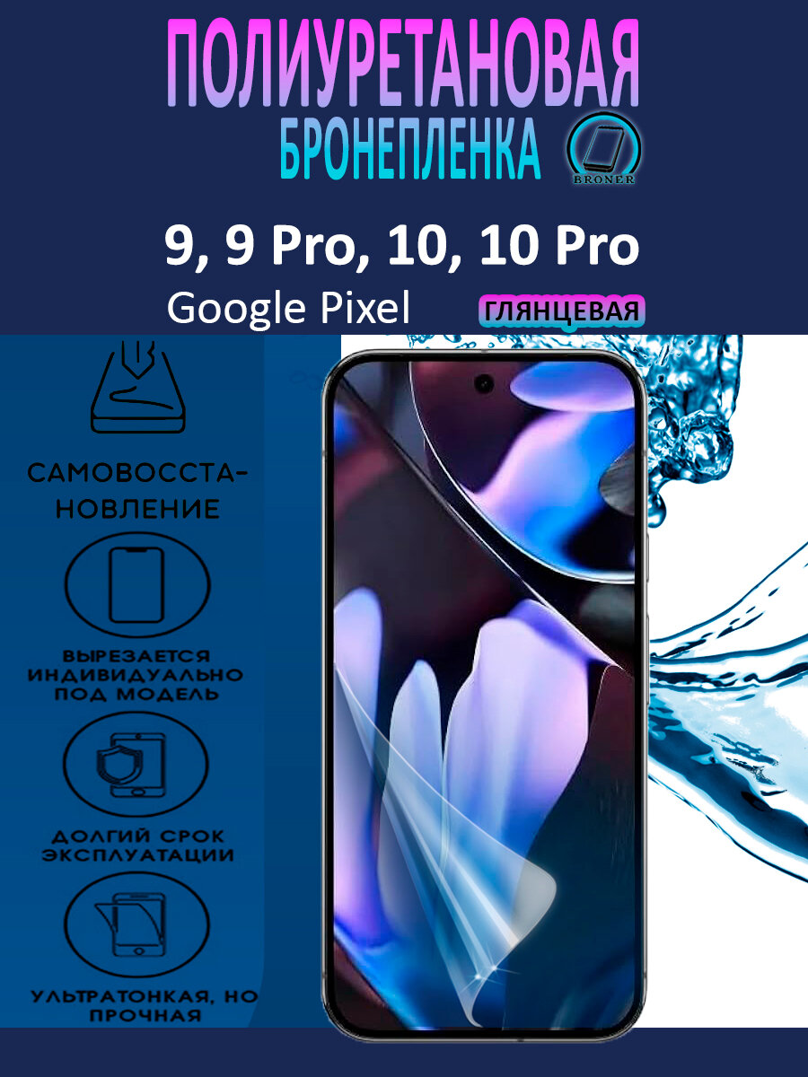 Полиуретановая бронепленка для Google Pixel 9, 9a, 10, Pro / Защитная плёнка на экран, совместима с чехлом, с вырезом под камеру / Глянцевая