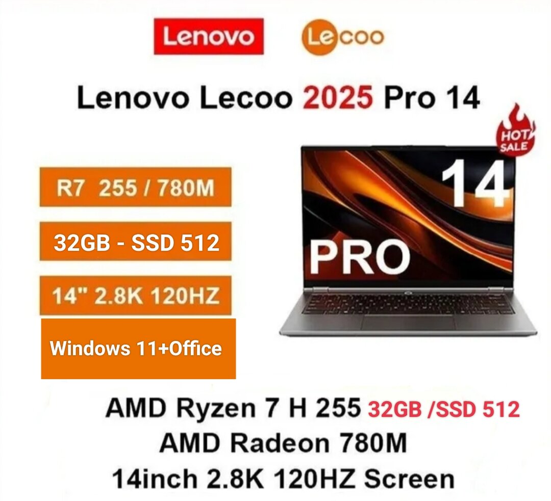 Lenovo 2025 (Lecoo) Pro , Ryzen7(H255), Radeon (780M),32G + 512 ГБ,14-дюймовый экран (2,8K 120 Гц), Windows 11+ Office, корпус алюминиевый сплав, подсветка клавиатуры, Русская клавиатура.