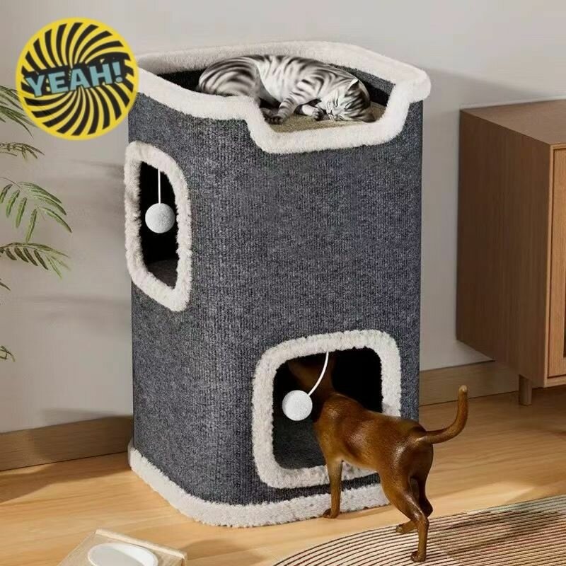 Домик для кошки с когтеточкой Домик трансформер двухэтажный с лежанкой, когтеточкой и игрушкой для животных, кошек и мелких пород собак, серый