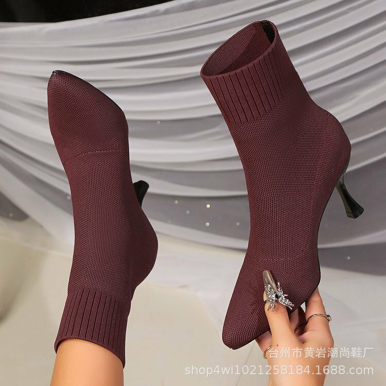 MOOCIE Женские ботильоны большого размера 2025 года, ботильоны на высоком каблуке, вязаные осенне-зимние одинарные ботинки с острым носком и шпилькой, женские ботинки, EU:39