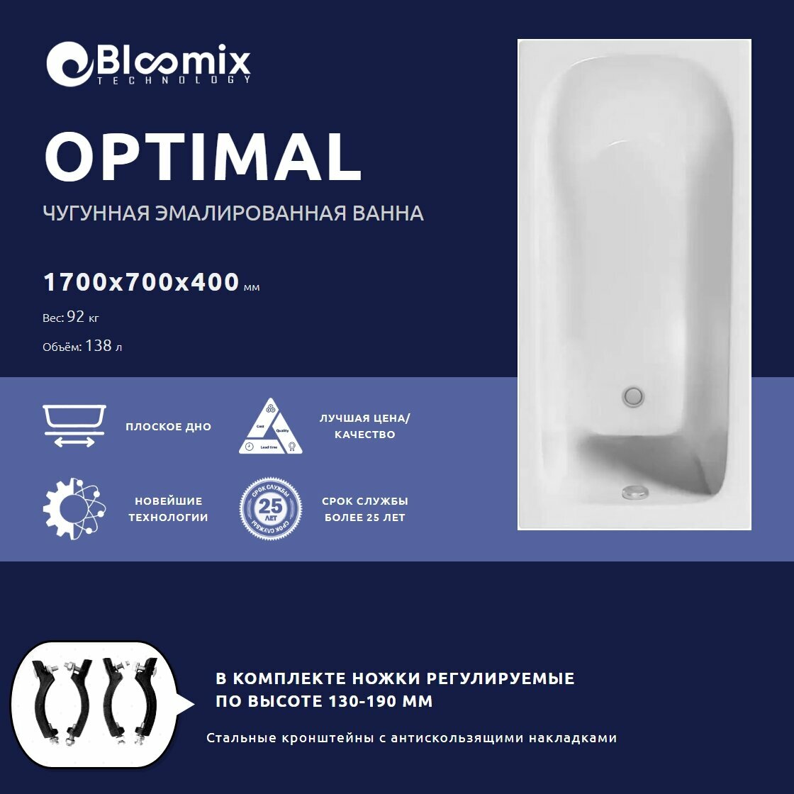 Ванна чугунная Bloomix Optimal 170x70 BLO177040